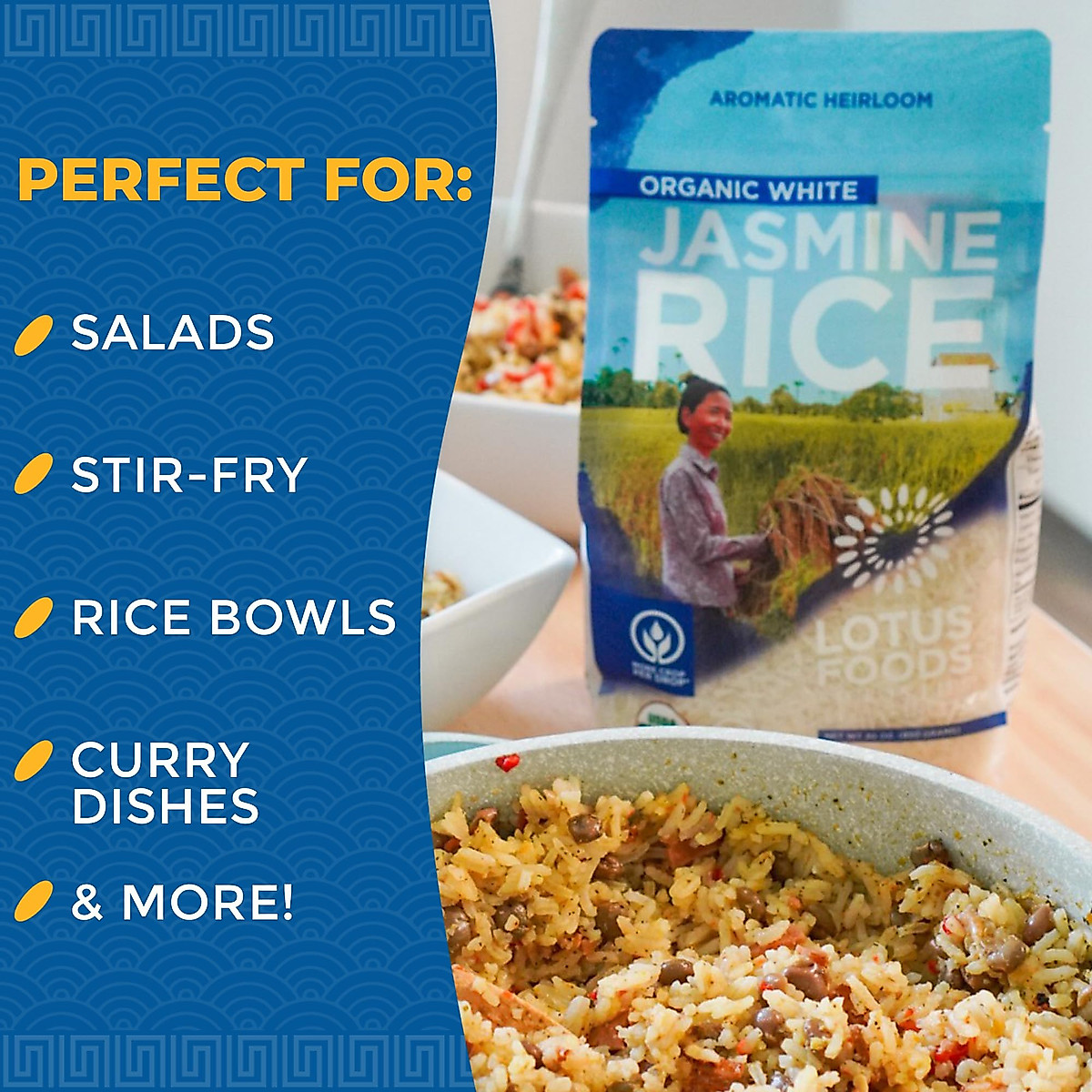 Lotus Foods Organic White Jasmine Rice - Jasmine Rice, Gluten Free White Rice, Organic Rice, Long Grain Asian Sticky Rice, USDA Organic, Vegan, Gluten Free - 30 Oz (Pack of 6)