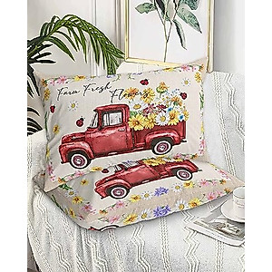 Edwiinsa Summer Truck Pillow Covers Standard Size Set of 2 20x26 Bed Pillow, Ladybug Spring Floral Rustic Plush Soft Comfort for Hair/Skin Cooling Pillowcases with Envelop Closure