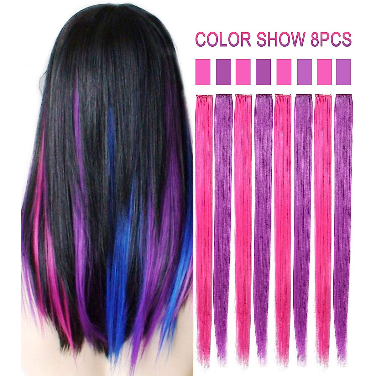 Rhyme Pink Purple Hair Extensions for Girls 21 inch Highlight Princess Party Colored Hair Extensions Clip in/on for Girls and Kids Hair Accessories Wig Pieces 8PCS (Pink Purple)
