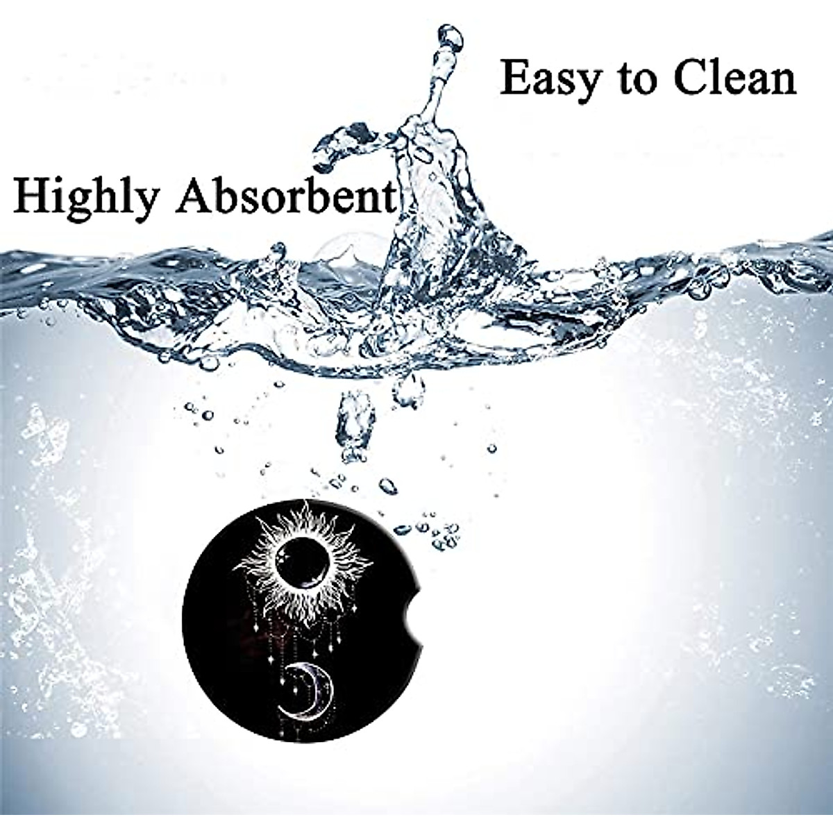 Car Coasters 4 Pack Car Cup Holder Coaster 2.56" Drink Coasters Ceramic Stone Cork Base Set (Sun and Moon)