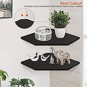 Homode Corner Shelf Wall Mount, Set of 2 Corner Floating Shelves with Wire Hole for TV, Cable Box, Wood Hanging Storage Shelf Organizer for Bathroom Kitchen Living Room Bedroom, Black