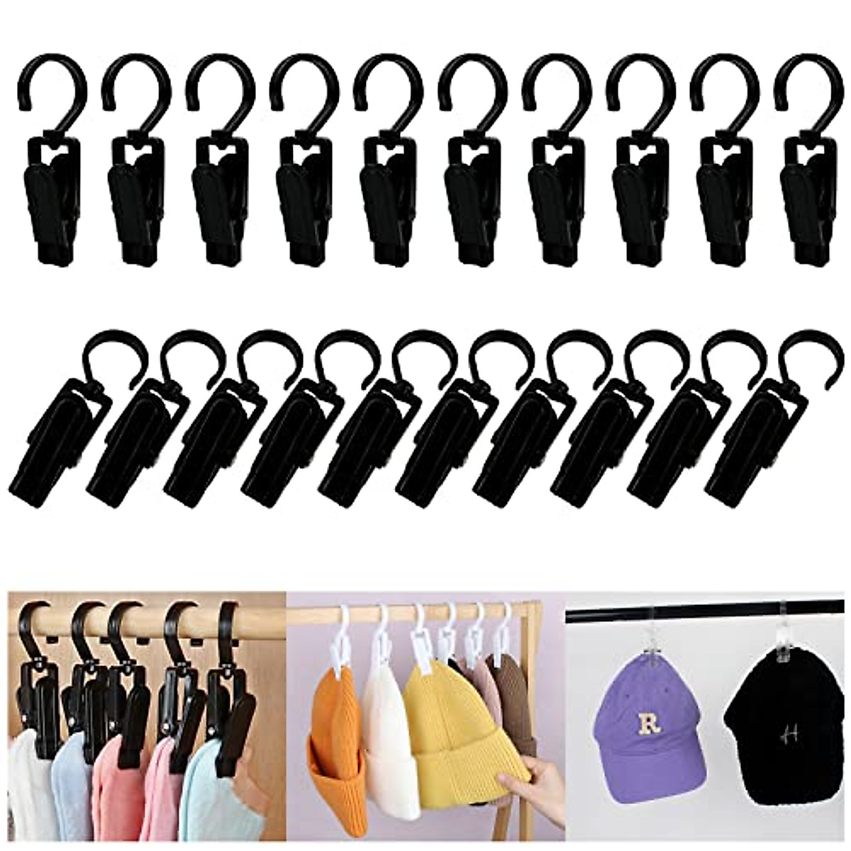 VinBee 20 PCS Super Strong Plastic Home Travel Swivel Hanging Laundry Hooks Clip - 4.3 Inches (Black)