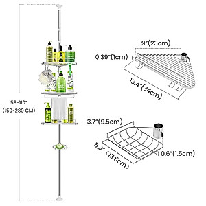 Yvilant Corner Shower Caddy Tension Pole, 4 Layer Rustproof Shower Corner Shelf Stainless Steel Pole Organizer Standing Shower Organizer Adjustable Shower Shelf, 59-110 Inches, Silver