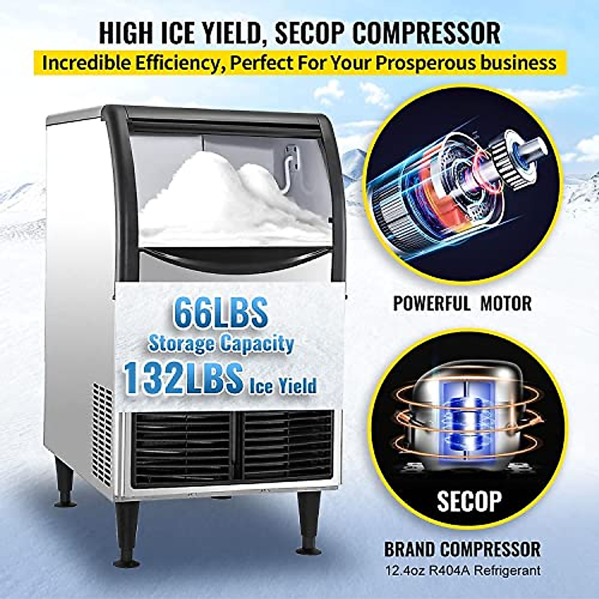 VEVOR Commercial Flake Ice Machine, 132LBS/24H Snow Flake Ice Maker with 66LBS Storage for Seafood Restaurant, Stainless Steel Construction, Quiet Operation, Auto Clean, Air Cooling