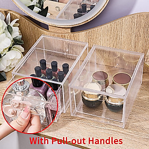 SuoXing Stackable Makeup Plastic Organizer Storage Drawers,4.5'' Tall Acrylic Bathroom Organizers,2 Pack Cosmetic Display Case Plastic Storage Bins For Vanity,Undersink,Pantry Organization and Storage