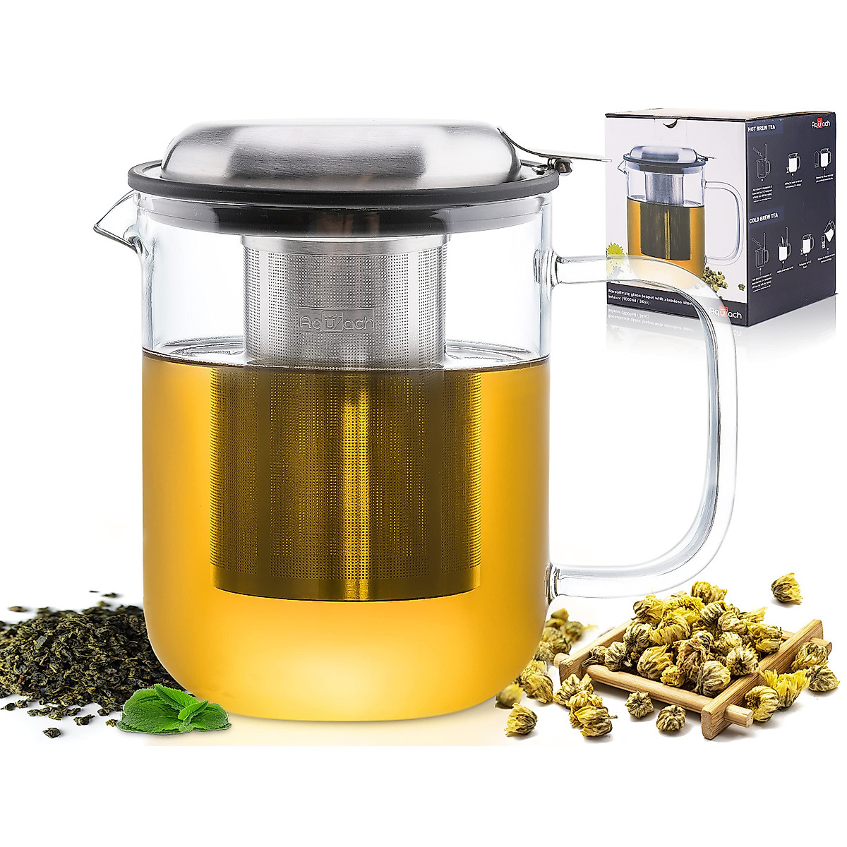 Aquach Glass Teapot Pitcher with Removable Infuser for Loose and Blooming Tea 34oz/1000ml, Dishwasher&Stovetop Safe Tea Maker Kettle Set with Stainless Steel Lid