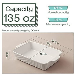 DOWAN 13" Baking Dish, Lasagna Pan Large & Deep, Rectangular Baking Pan with Handles, 135 oz Ceramic Casserole Dish for Cooking, White