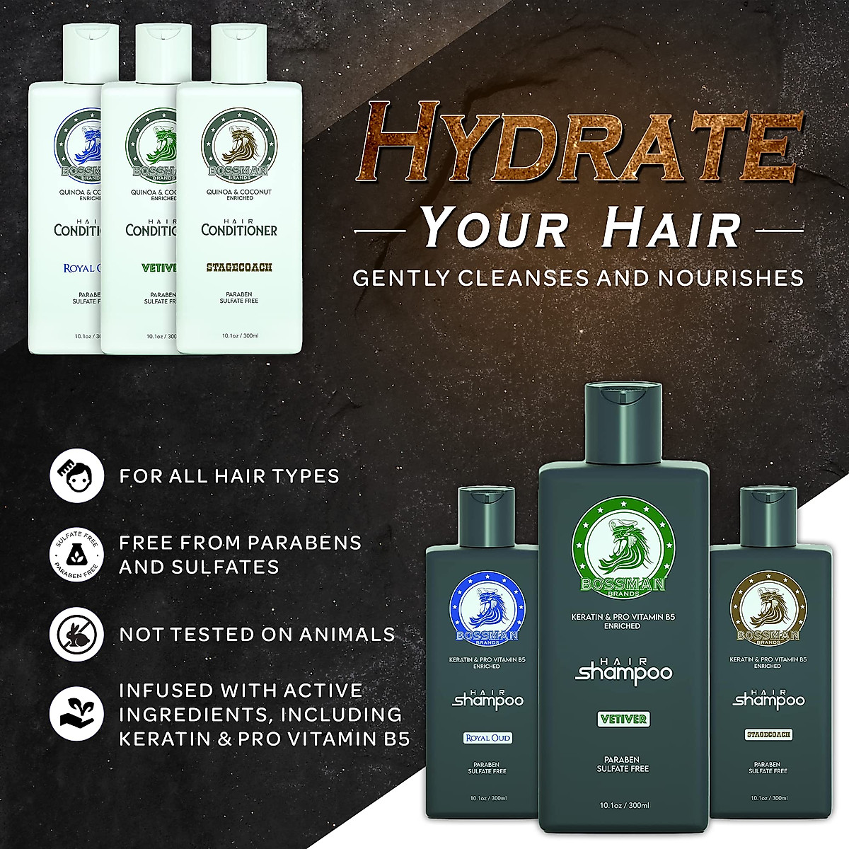 Bossman Hair Shampoo and Conditioner Combo - Hydrating, Strengthening, and Soothing Formula for Men's Hair - Paraben Free & Sulfate Free (Stagecoach)