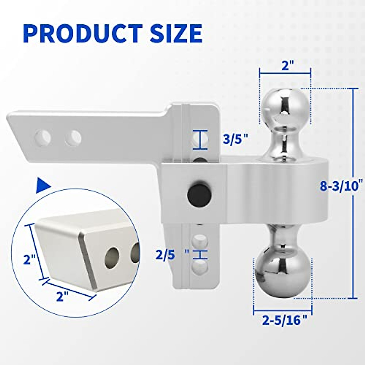 Boiarc Adjustable Trailer Hitch, 6" Drop/Rise Drop Hitch Ball Mount for 2-Inch Receiver, 2" and 2-5/16" Stainless Steel Dual Balls 12,500 LBS GTW, Aluminum Tow Hitch with Double Anti-Theft Pins Locks