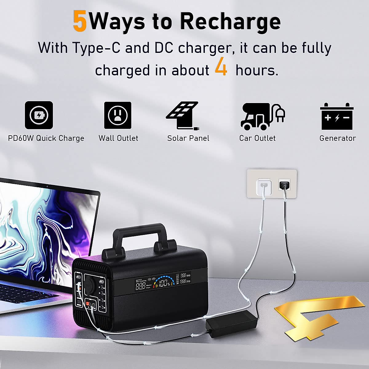 BATINO 600W/577Wh Portable Solar Power Station (Peak 1000W), Solar Generator with PD 60W Quick Charge, 3.0 Fast Charging Port,3 x Pure Sine Wave AC Outlets & LED Flashlight