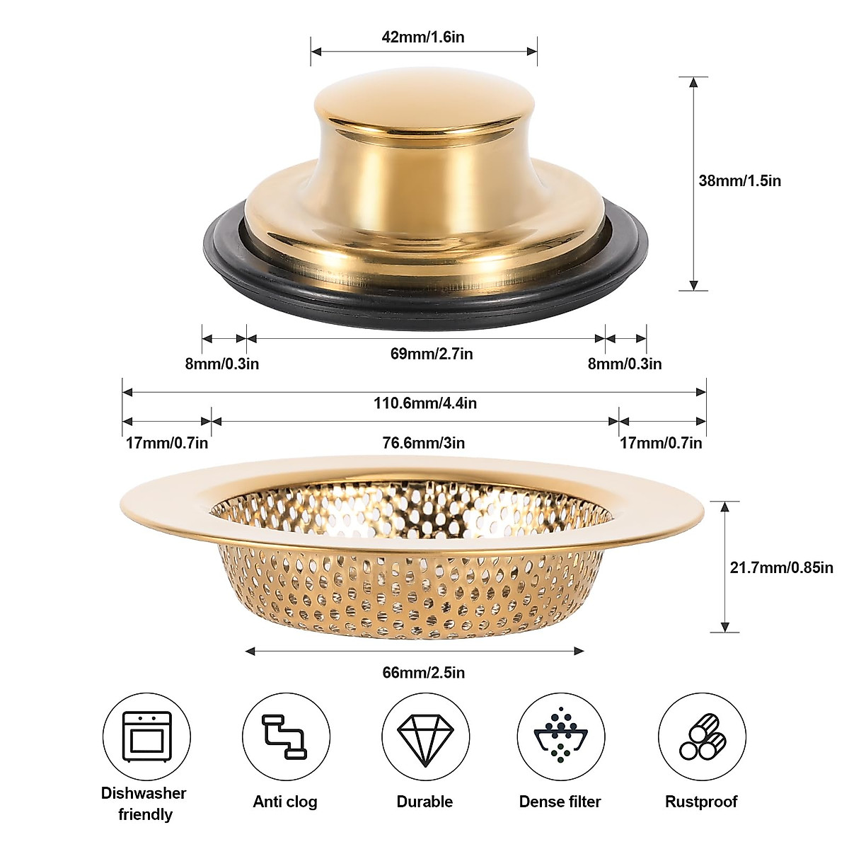 RQYEKDO Kitchen Sink Strainers Sink Stopper Kits, Stainless Steel Sink Drain Strainer Set, Large Wide Rim 4.5" Diameter Food Catcher Garbage Disposal Plug for Most Sink Drains Basket Filter（Gold）