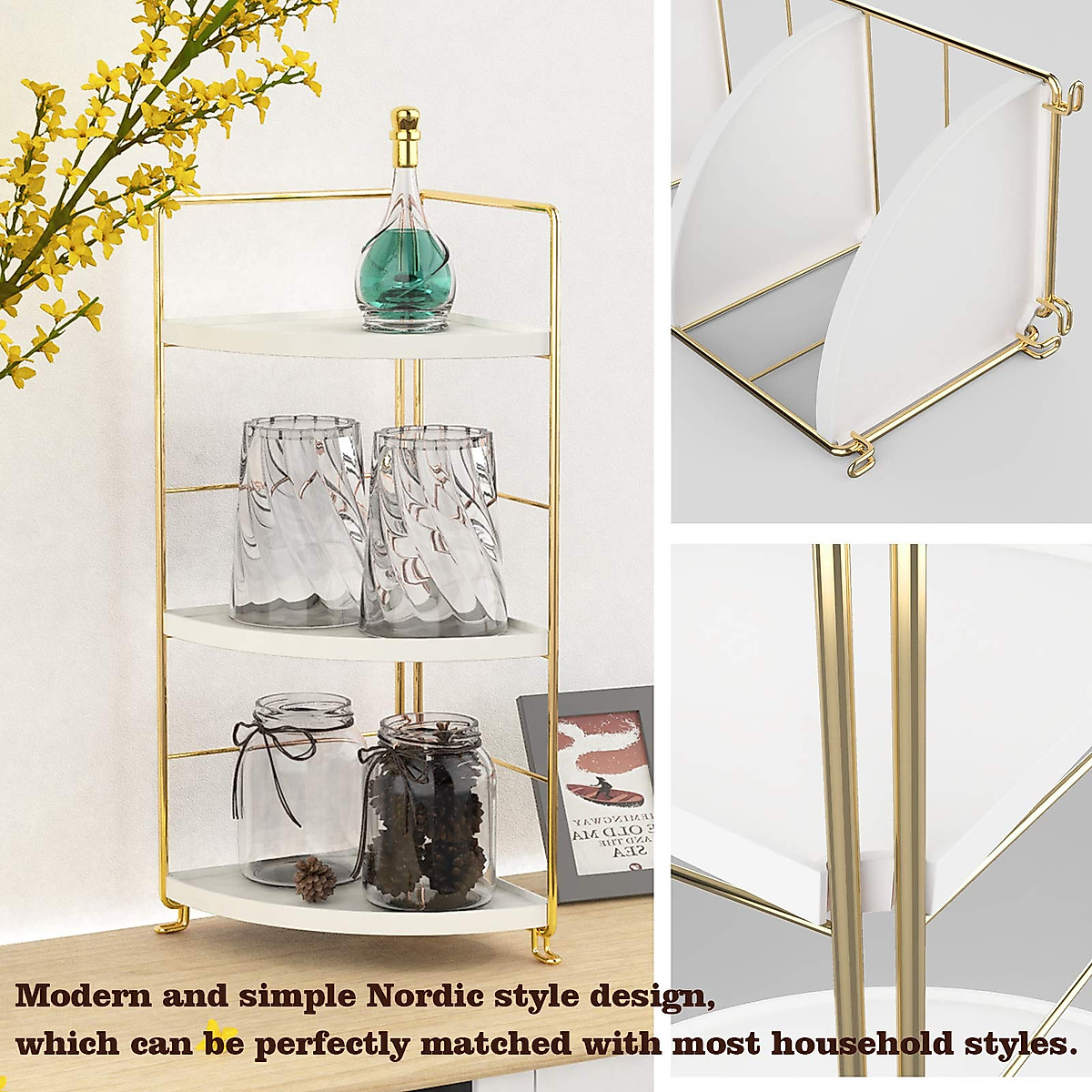 3-Tier Kitchen Spice Rack , Standing Rack,Triangle Bathroom Countertop Storage Shelf ,Cosmetic Organizer Holder , Stackable Cabinet Organizer , Kitchen Counter Shelf , Corner Spice Rack ,Golden