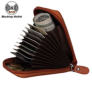 Noedy RFID Blocking Credit Card Case Organizer Genuine Leather Zip-Around Security Wallet Brown