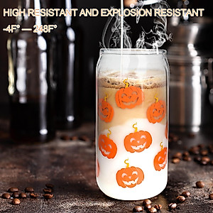 ANOTION Fall Glass Cups with Lids and Straws - Autumn Thanksgiving Halloween Gifts for Women - 2 Pack 18oz Fall Smile Pumpkins Mug, Pumpkin Glass Jar Drinking Glasses Iced Coffee Cup, Halloween Decor