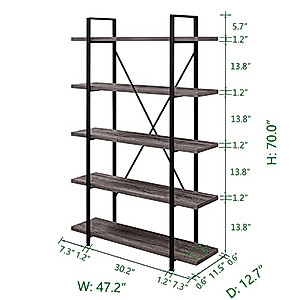 HSH 5-Shelf Vintage Industrial Rustic Bookshelf, 5 Tier Wood and Metal Bookcase, Open Etagere Book Shelf, Farmhouse Wooden Bookshelves, Light Grey Oak