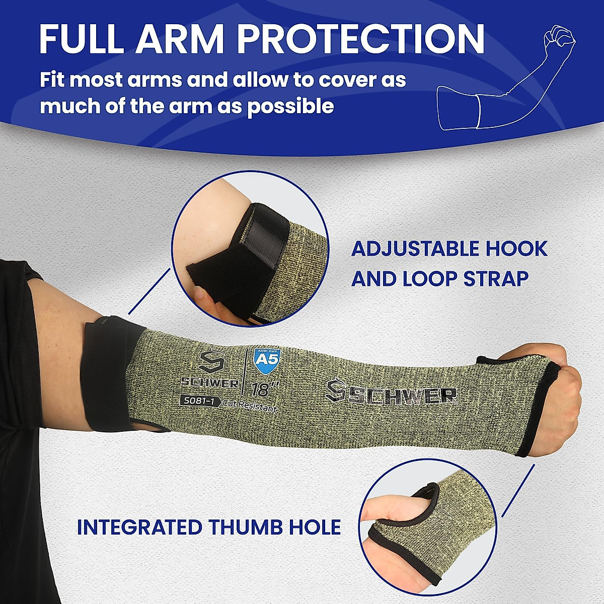 Schwer 2 Pairs MINI-SOFT Arm Protection Sleeves S081, ANSI A5 Cut Resistant Sleeves with Thumbhole, Flame Resistant Welding Sleeves for Work Kitchen, Farmer Sleeves for Gardening Arm Guards for Biting