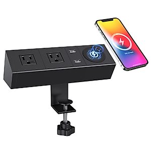 Desk Clamp Power Strip with Wireless Charger,Desk Mounted Power Strip with USB,900 Joules Surge Protector Desk Edge Power Strip,Desk Power Station with 2 Outlet and 2 USB Ports,6ft Cable