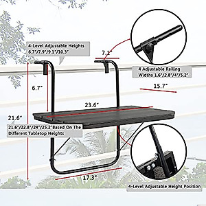 Balcony Table Hanging Deck Railing Table Outdoor Balcony Bar Table for Railings Aluminium Folding Adjustable for Patio Deck Garden Baluster Windows 23.6" x 15.7", All Weather Space Saving Black