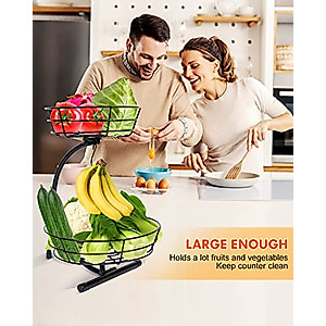 covsus 2 Tier Countertop Fruit Basket Bowl with Banana Hanger for Kitchen Counter, Wire Fruit Stand Holder for Fruits Vegetable Storage, Black