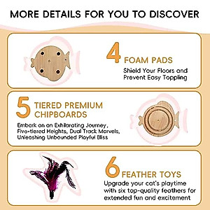 PetnFam 5in1 Sturdy Base Cat Scratching Post,Cat Scratcher Includes 6 Spare Teasing Sticks,Premium Sisal Tall Scratcher Interactive Track Toys,Massage Brush,Dangling Ball for Indoor Kittens and Cats