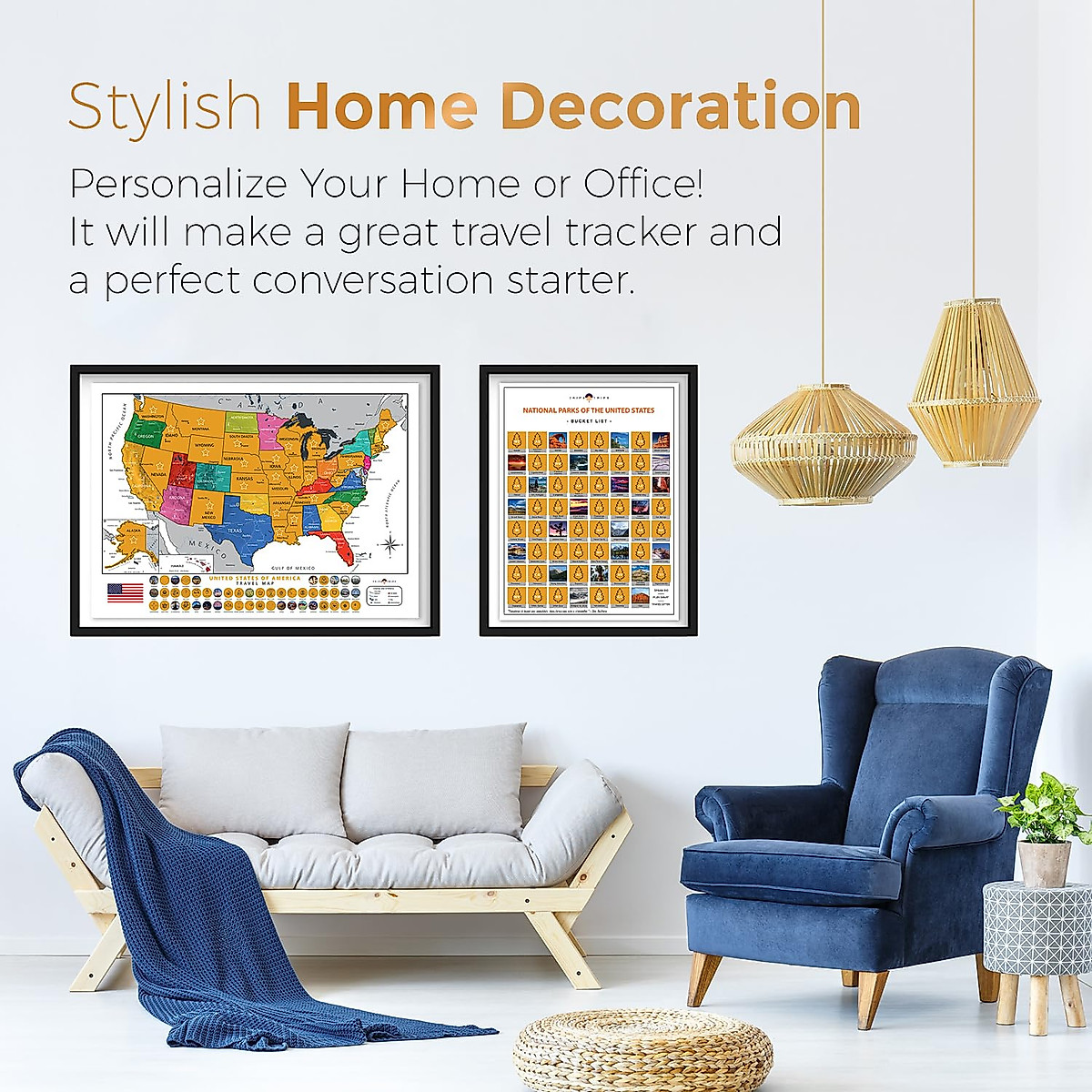 TRIPA TRIPS White Scratch off Map of United States & All 63 US National Parks Poster - Easy-to-Scratch 50 Landmarks & Flags - 24x17 Large Scratch off USA Map + Travel Map Kit - Gift for Travelers