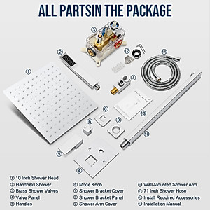 Baetuy Shower Faucet Set Bathroom Square Rain Shower Head and Handle Set, Wall Mounted Shower Fixtures With Shower Valve and Trim Kit 10 inch Polished Chrome