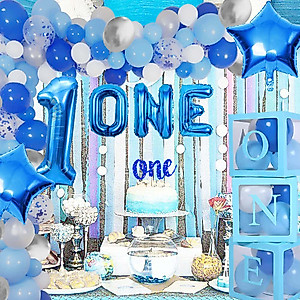 149 Pcs Boys 1st Bday Decorations Blue One Balloons Backdrop Boys One Year Old Birthday Balloons Garlands Arch Kit with Balloons Boxes for Boys First Birthday Baby Shower Party Supplies Decorations