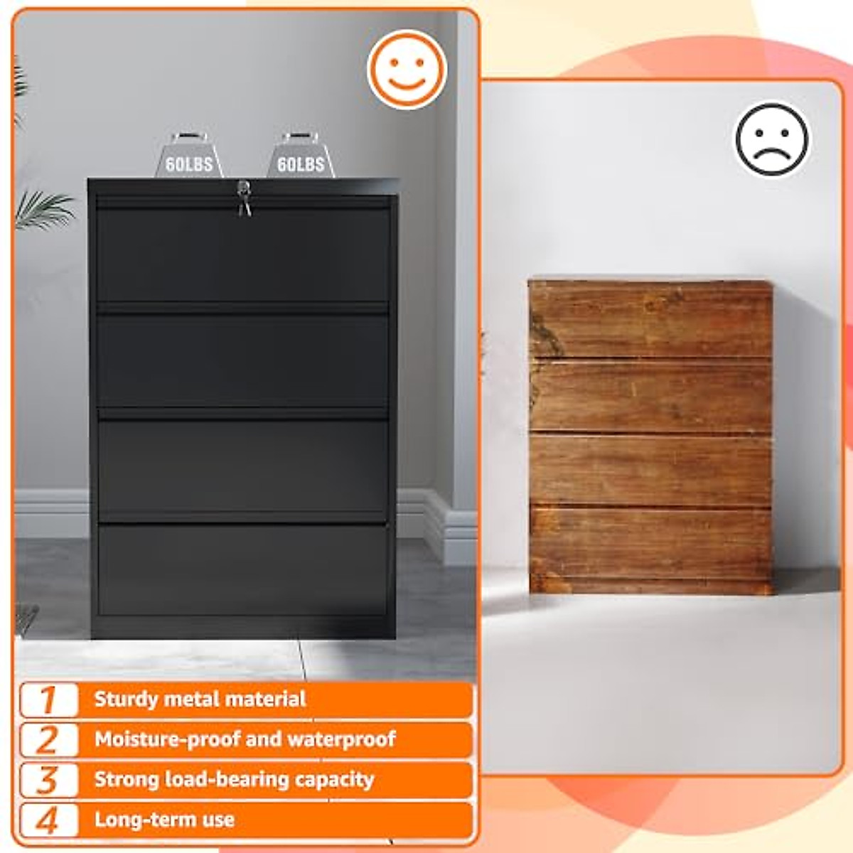 METAN Lateral 4 Drawer File Cabinet, Locking Metal File Cabinet for Home Office, Steel Lateral File Cabinet for Letter Legal Size, Assembly Required, Black