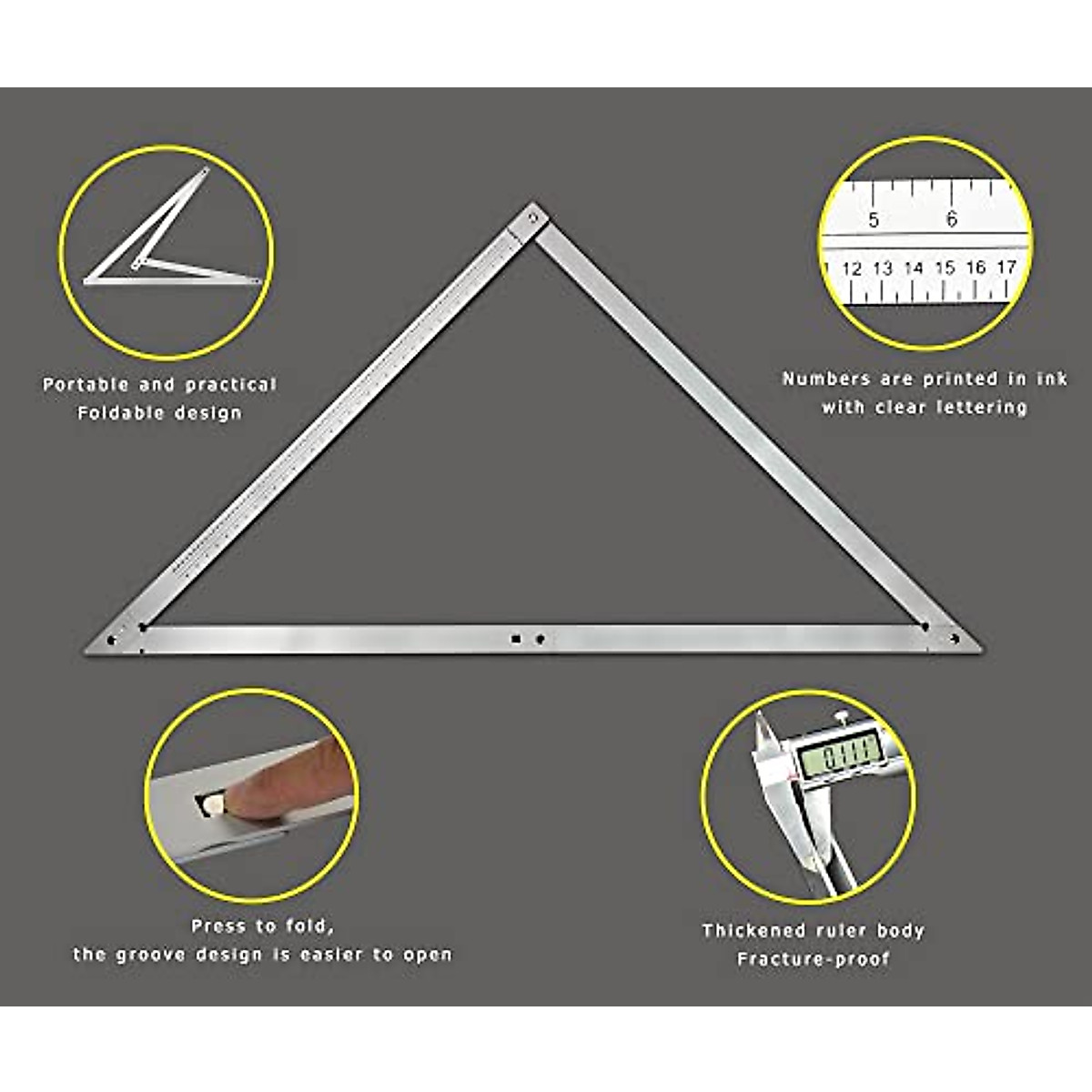 Triangle Ruler 48 Inches Folding Aluminium Framing Square Construction Tools Combination Carpentry Squares in Framing Roofing Stair Work Woodworking Movable Right Angle 90°45 Degree Angle Ruler