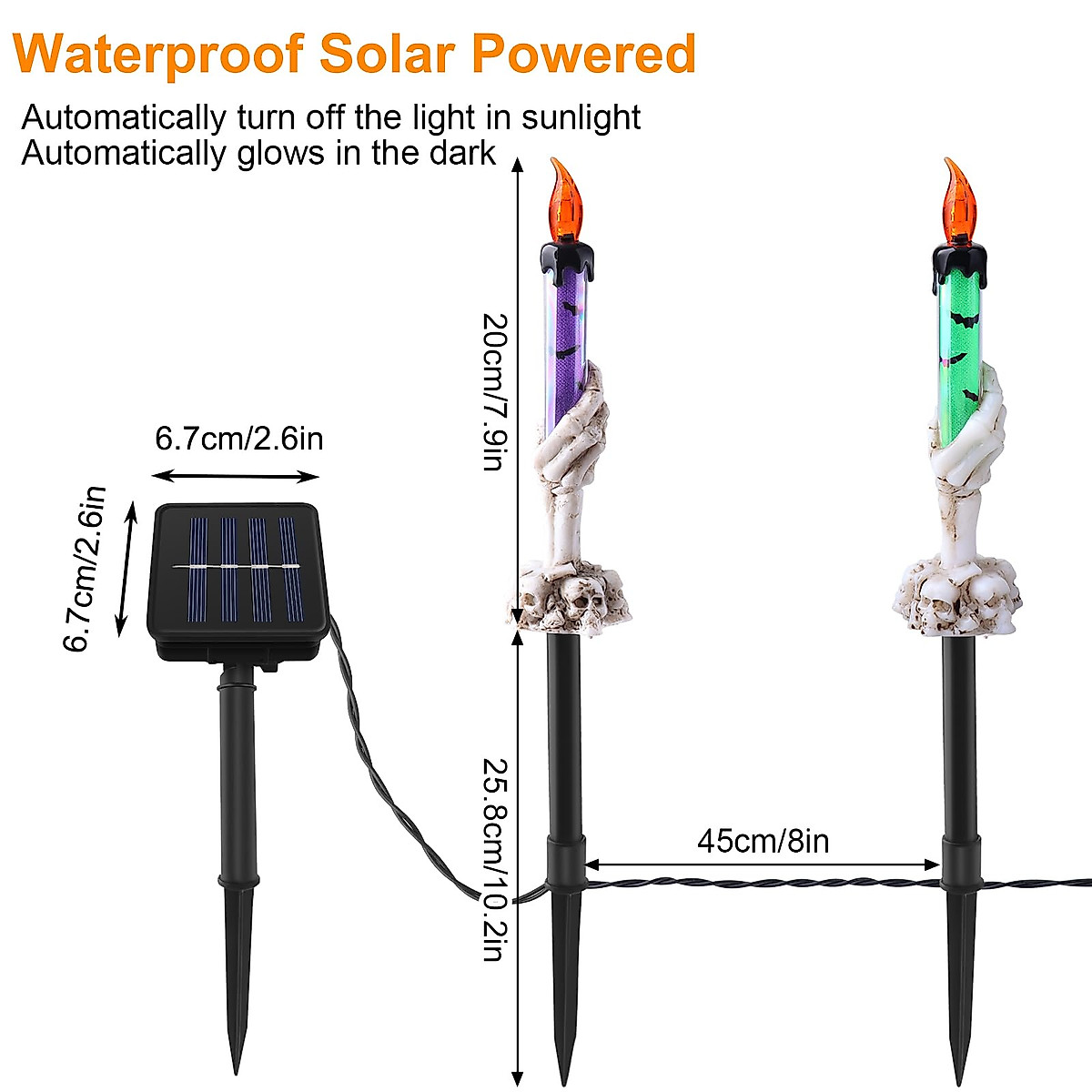 Halloween Solar Candle Light Stakes, 6 Pcs Skeleton Hands Hold Lighted Candle Paito Decor Pathway Makers, Waterproof Light Up Figurine for Outdoor Indoor Halloween Party Decorations
