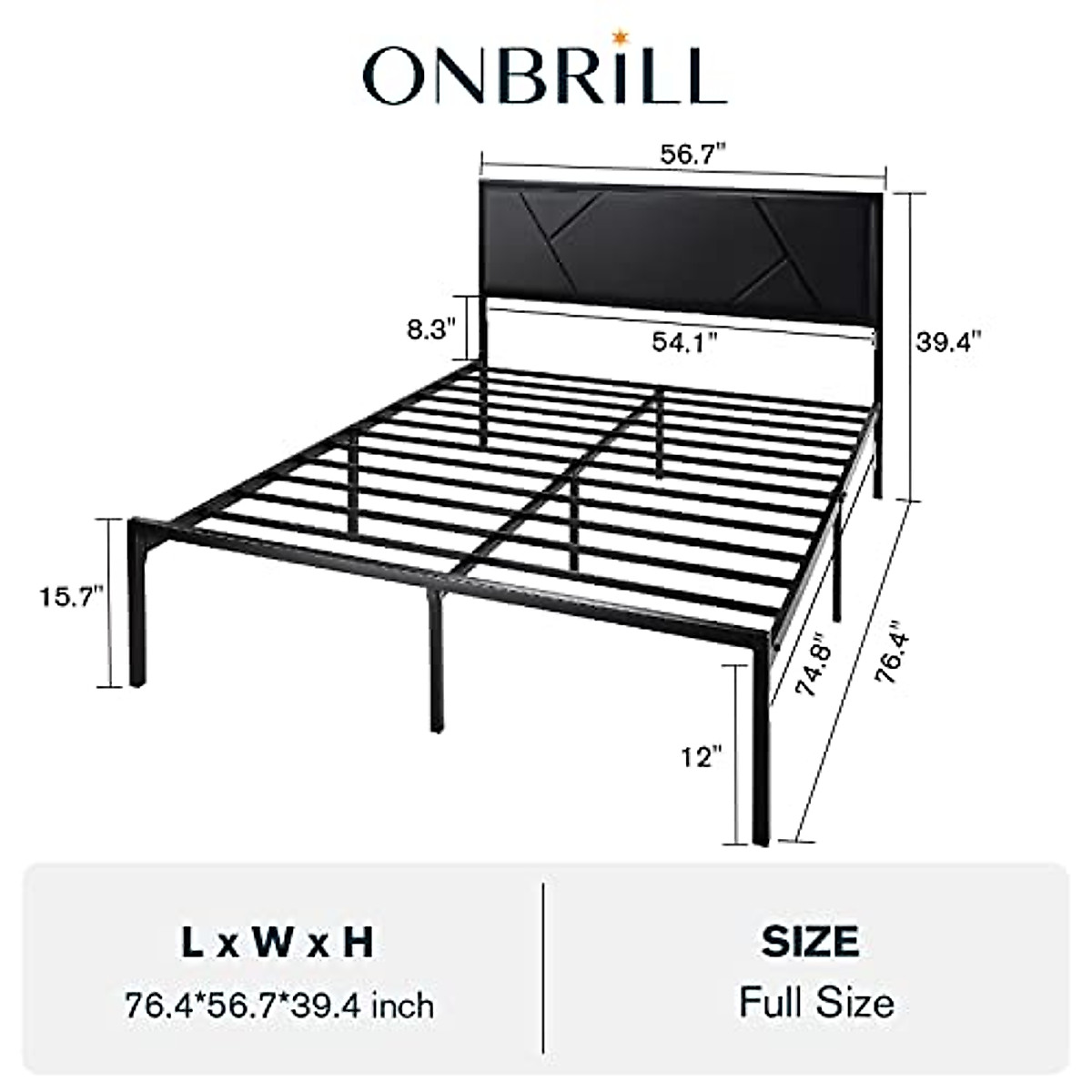 ONBRILL Full Size Modern Metal Bed Frame with Contemporary Faux Leather and Upholstered Headboard，No Box Spring Needed, Black