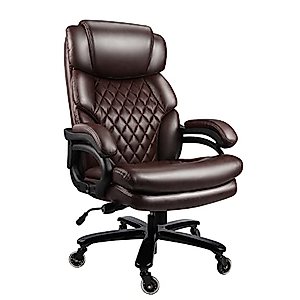400lbs Big and Tall Office Chair Wide Spring Seat Executive Office Chair for Heavy People Home Office Desk Chair with Heavy Duty Casters 360 Swivel Chair High Back Computer PU Leather Chair (BROWN)