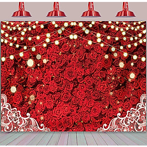 BINQOO 7x5ft Valentine's Day Red Rose Photography Backdrop Red Floral Wall Background Wedding Bridal Shower Women Party Red Flowers Wall Background Girls Birthday Party Supplies