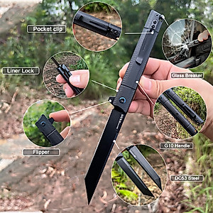 FORESAIL Flipper Pocket Folding Knife,DC53 Steel Blade and G10 Handle. With pocket clip and glass breaker,men's pocket knife hiking trip EDC tool Knife (Black PVD Blade)
