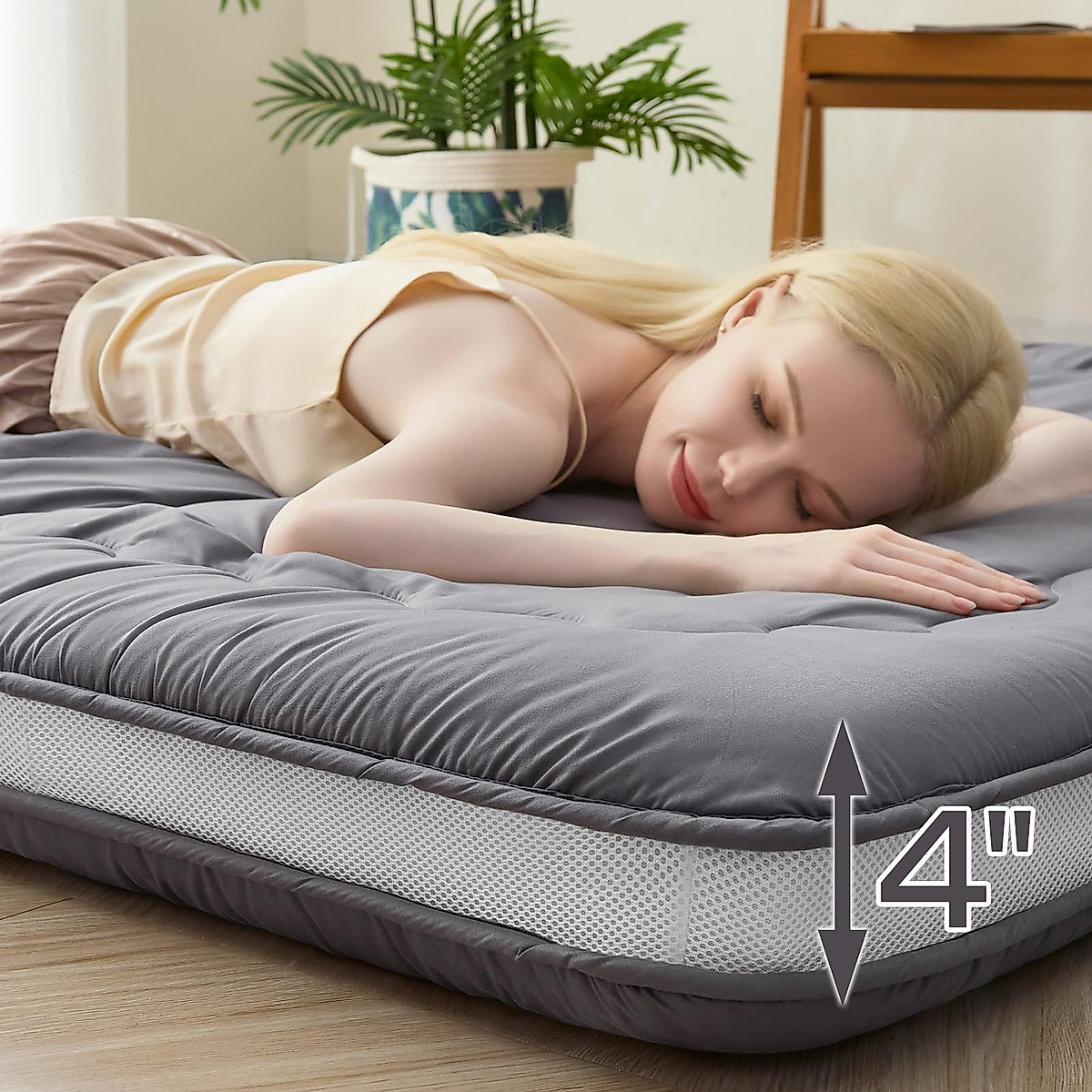 Syalife Japanese Futon Mattress Floor Mattress, 4" Thicken Roll Up Tatami Mat, Foldable & Portable Floor Bed Sleeping Pad, Traditional Shiki Futon (shikibuton), Design by Japan (Grey, 54 * 80)