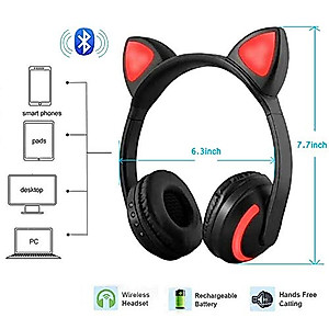 Luckyu Wireless Bluetooth Cat Ear Headphones with Mic 7 Colors LED Light Flashing Glowing On-Ear Stereo Headset Compatible with Smartphones PC Tablet