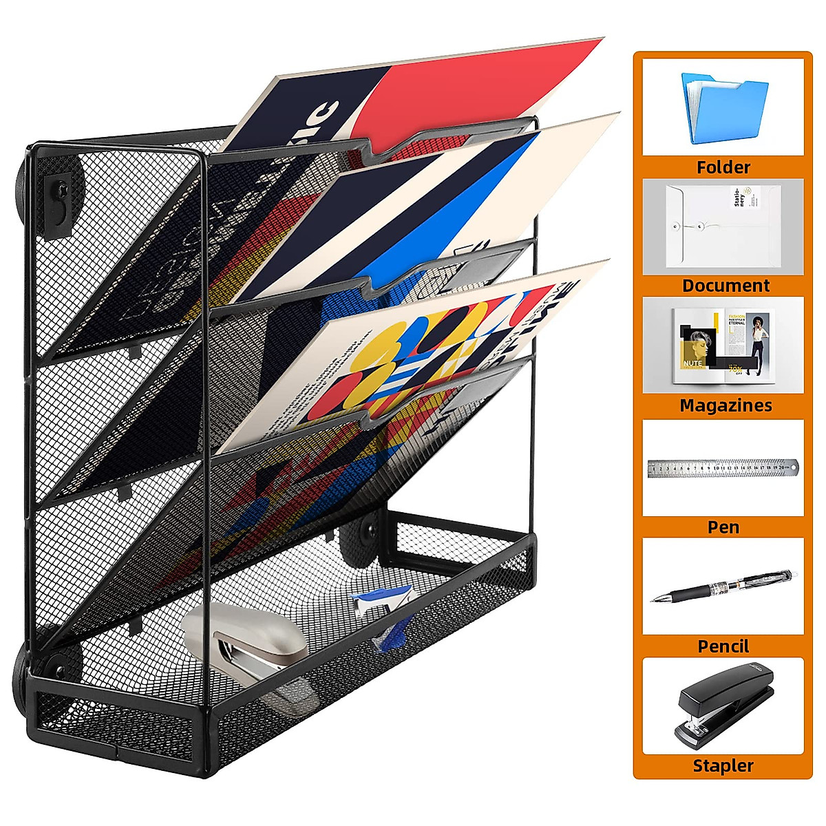 Paddsun 4-Tier Magnetic File Holder Wall File Organizer, Magnetic File Holder for Refrigerator, No Drilling Installation Magnetic Mail Holder for File Cabinets, Whiteboard for Office Home