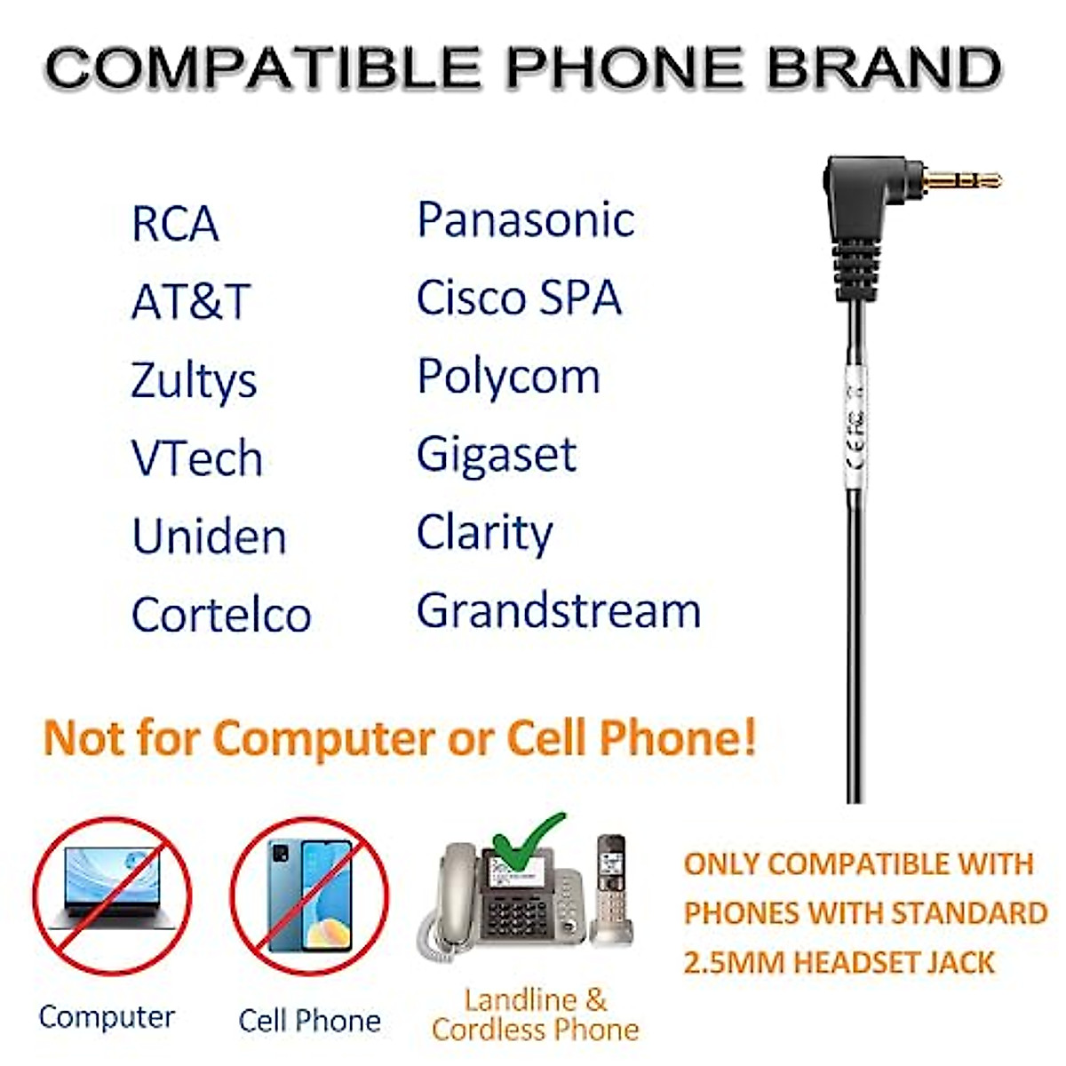 Wantek Phone Headset with Microphone Noise Cancelling, Telephone Headsets 2.5mm Jack Work for Panasonic AT&T ML17929 Vtech RCA Cisco Uniden Polycom Grandstream Home Office Cordless Phones(F600J25P)