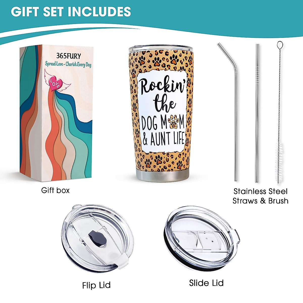 365FURY Aunt Gifts - Auntie Gifts From Niece or Nephew - Mother Day, Birthday Gifts For Aunt - Dog Mom Gifts For Women Dog Owner Travel Coffee Mug Tumbler With Lid Straw - 20oz
