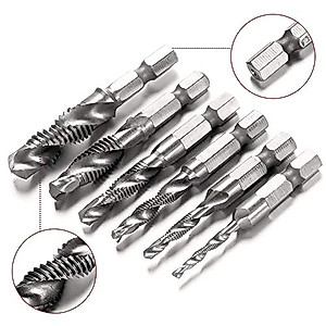 Mesee 6 Pieces Drill Tap Combination Bit Set, 1/4'' Hex Shank HSS Deburr Countersink Bits Spiral Screw Tap Tool Kit - Imperial 1/8 5/32 3/16 1/4 5/16 3/8