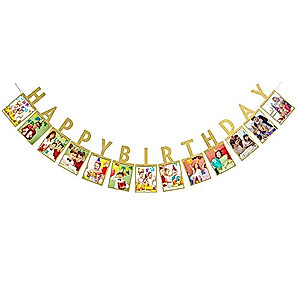 YAMI COCU Happy Birthday Photo Banner for 60th Birthday Party Decorations Picture Bunting Gold