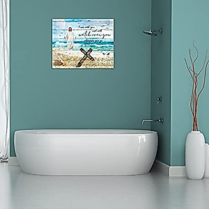 Christian Inspirational Decor Wall Art Jesus and Cross on Beach Picture Motivational Scripture Bible Verse Canvas Prints Teal and Blue Framed Artwork for Living Room Bedroom Bathroom Large 16"x12"