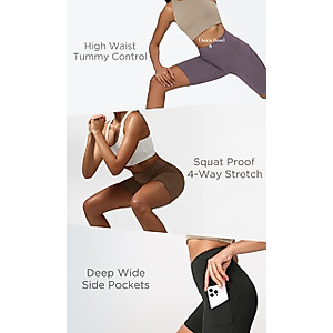 ODODOS 5" Tummy Control Biker Shorts for Women with Pockets High Waist Athletic Workout Yoga Shorts, Beige, X-Large