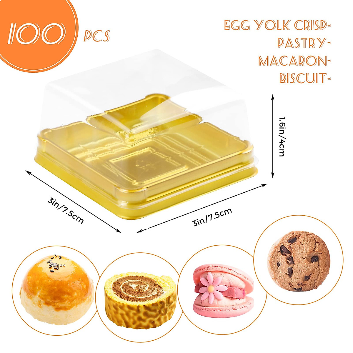 GothaBach 100 Set 3" Plastic Square Containers with Lids Cupcake Boxes Muffin Pod Dome Muffin Single Container Box for Wedding Birthday Gifts Supplies (Golden)