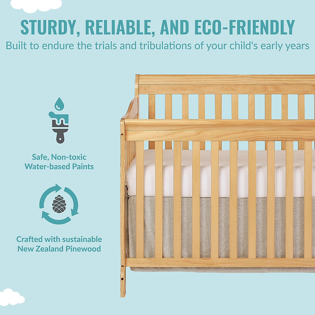 Dream On Me Ashton 4-In-1 Convertible Crib In Natural, Greenguard Gold, JPMA Certified, Non-Toxic Finishes, Features 4 Mattress Height Settings, Made Of Solid Pinewood