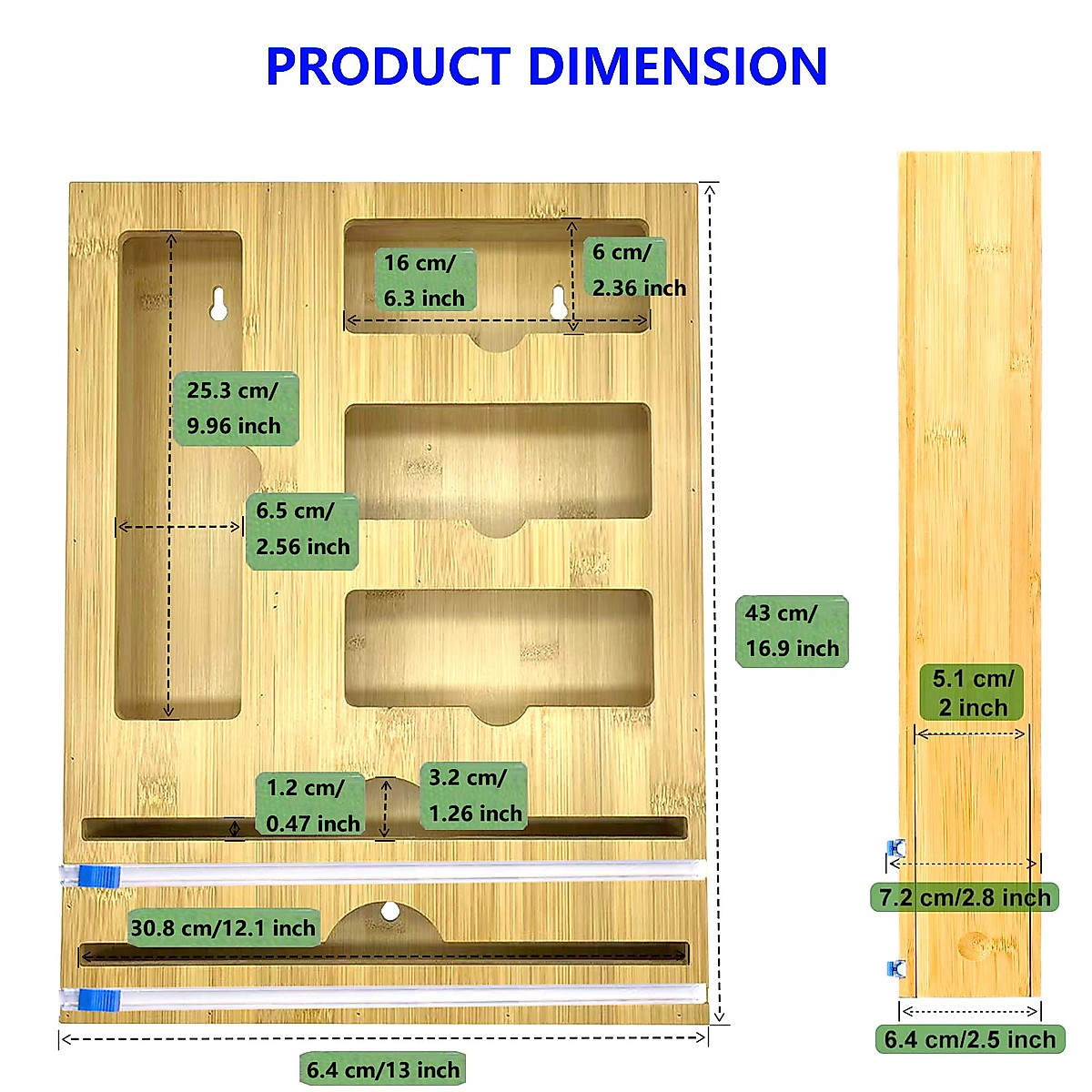 LQQBOX Bamboo Ziplock Bag Storage Organize, 6 in 1 Bamboo Wrap Dispenser Compatible with 12" Parchment Paper Roll Cutter for Gallon, Quart, Sandwich Bags, Roll etc