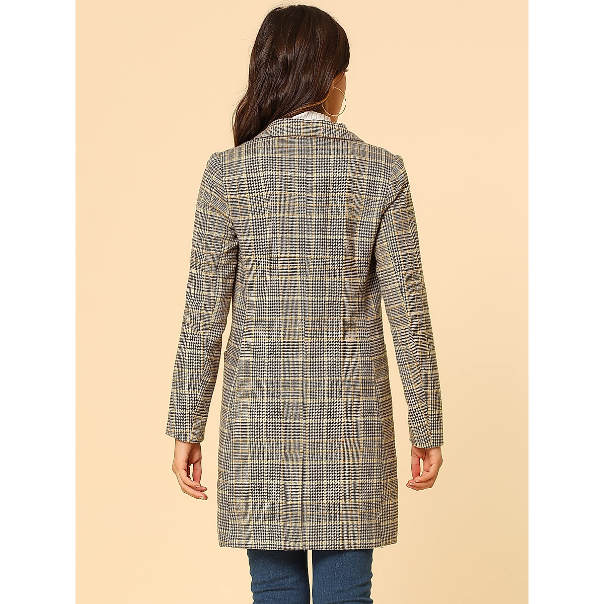 Allegra K Women's Double Breasted Notched Lapel Plaid Trench Blazer Coat Medium Brown