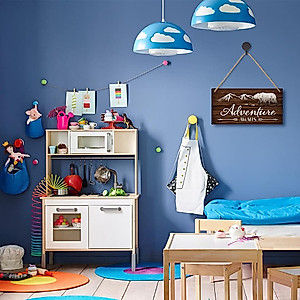 FWIEXA Adventure Awaits Inspirational Quote Sign Hanging, Rustic Wooden Plaque Wall Hanger, Mountain Bear Arrow Decorative Door Sign for Home Garden Store Porch Decor (11''x6'')