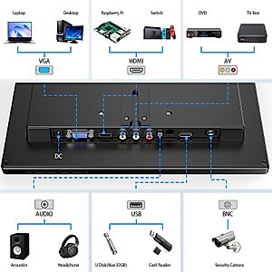 Eyoyo 12 Inch Monitor 16:9 Mini HDMI Monitor Screen 1366x768 Small TV Monitor Display with HDMI VGA BNC AV USB Input for Computer PC RasPi Laptop CCTV Security Analog Camera
