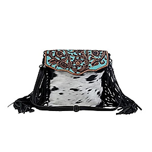 Myra Bag Aqua Hand-Tooled Bag Upcycled Cotton & Cowhide Leather S-2856